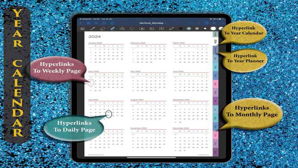 Digital At A Glance 2024 Yearly Planner | Goal Vertical layout