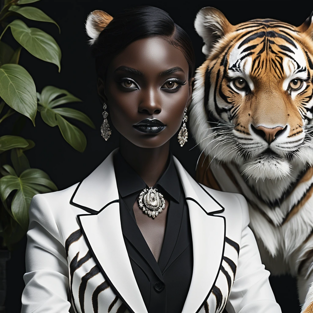 A Black model in a fashion photoshoot with a majestic white tiger