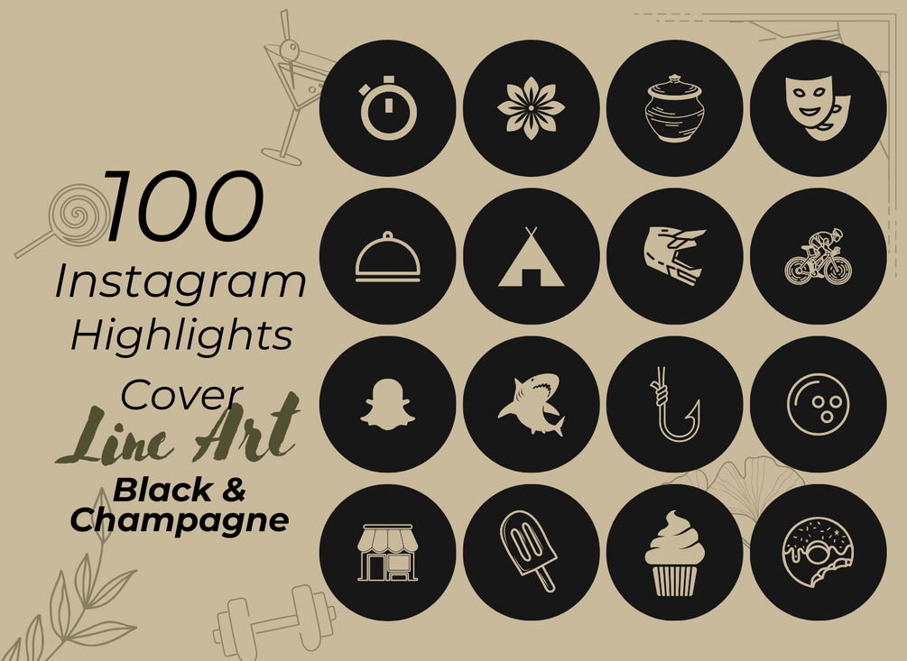 100 Insta Highlight Covers Black Champagne Line Art, Cute IG Story ...