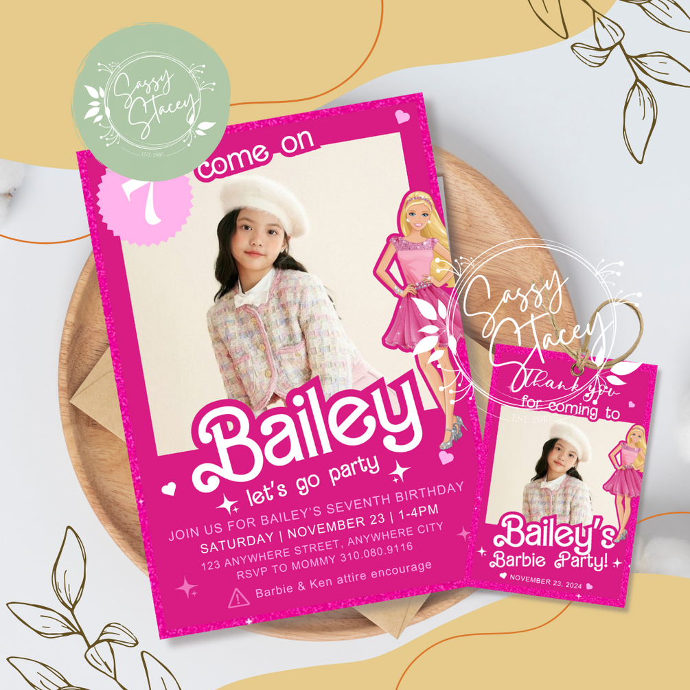 Custom Barbie Theme Invitation and Thank You Tag Layout