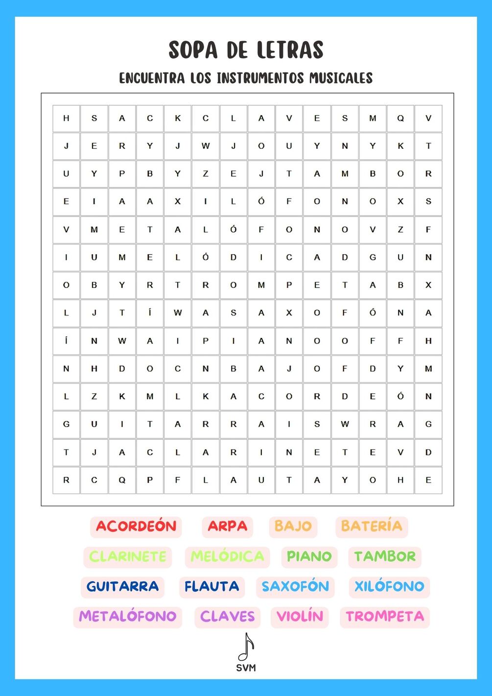 SOPA DE LETRAS DE INSTRUMENTOS MUSICALES