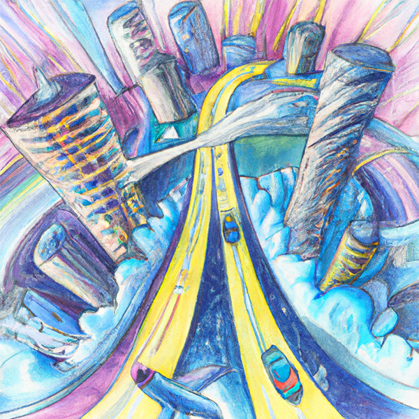A pencil and watercolor drawing of a bright city in the future with ...