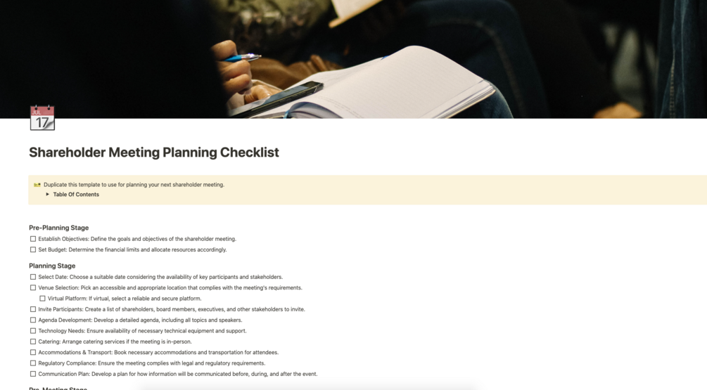 Notion - Shareholder Meeting Planning Checklist Template