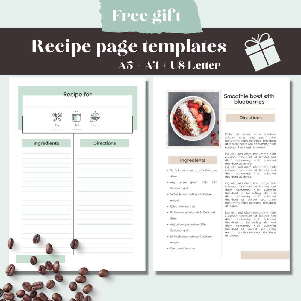 Freebie 2/14 pages Recipe template (A5, A4, US Letter)