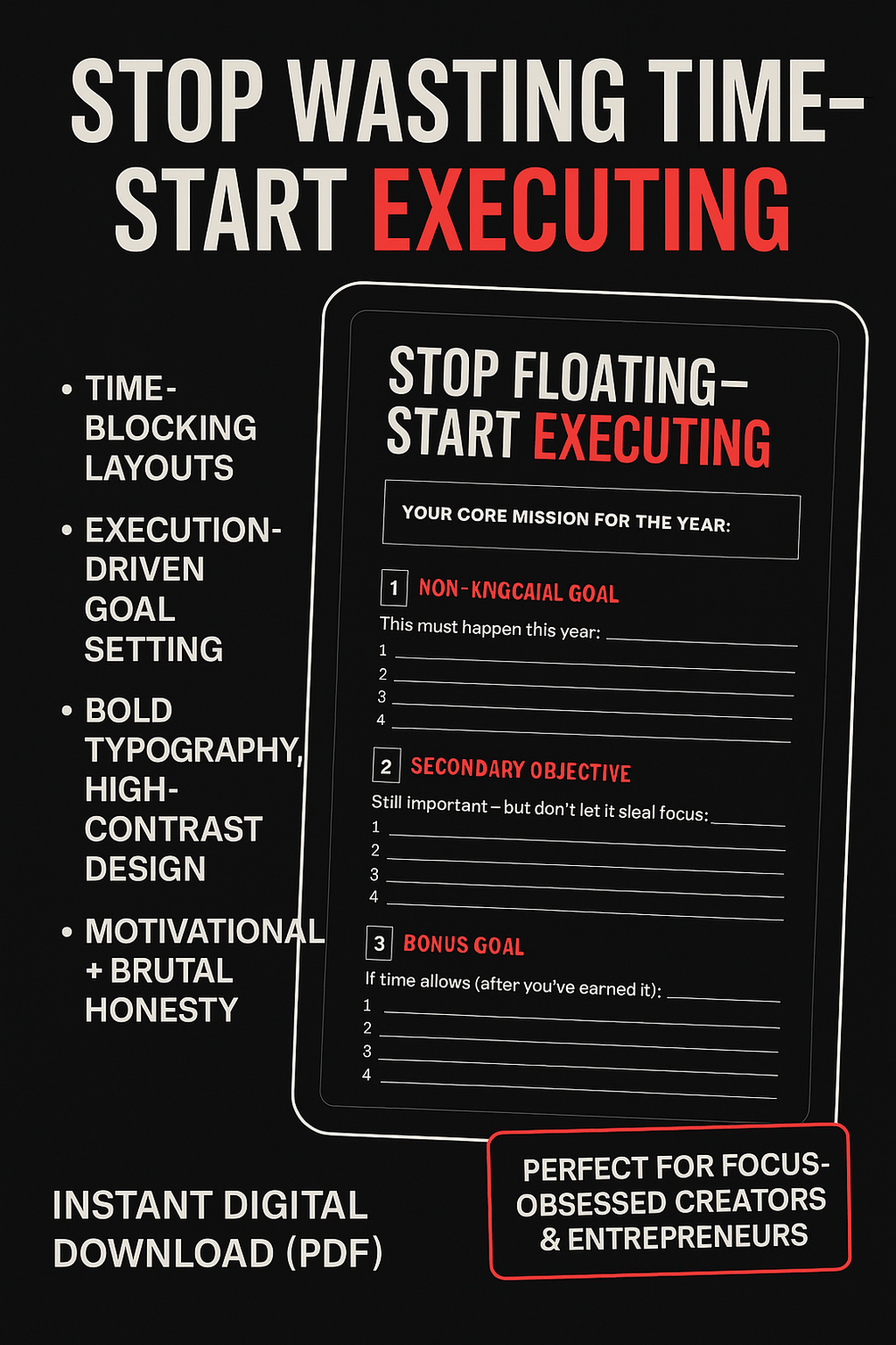 Stop Floating—Start Executing Printable Planner | One-Page PDF | Bold ...
