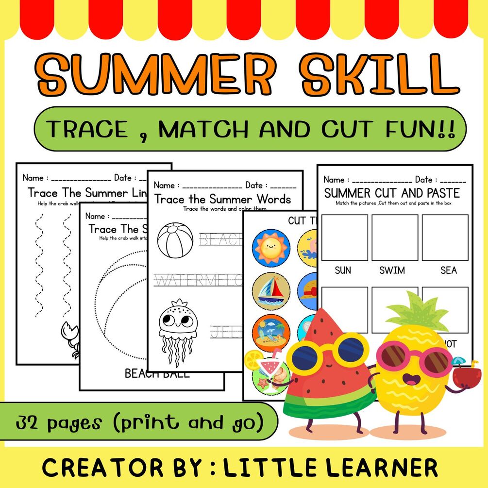 Summer Tracing Matching and Cut Activities Worksheet for Pre-K