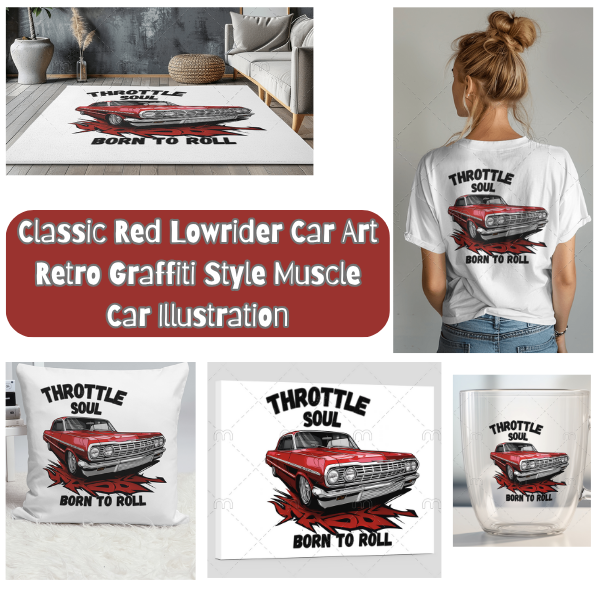 Classic Red Lowrider Car Art – Retro Graffiti Style Muscle Car Illustration