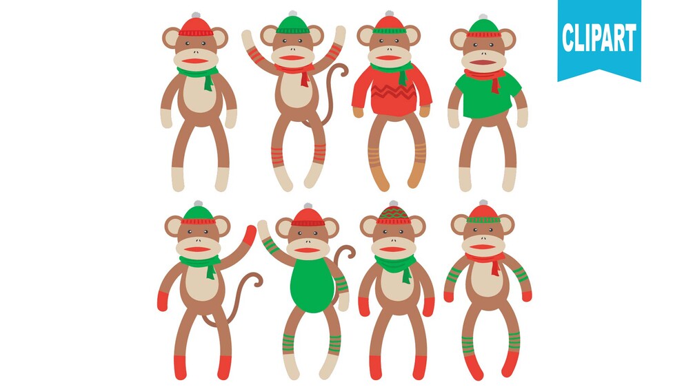 Christmas Sock monkey clipart - PNG file, instant download