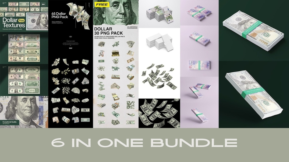 6 IN ONE BUNDLE Dollar Png Textures / Money / Banknote Mockups