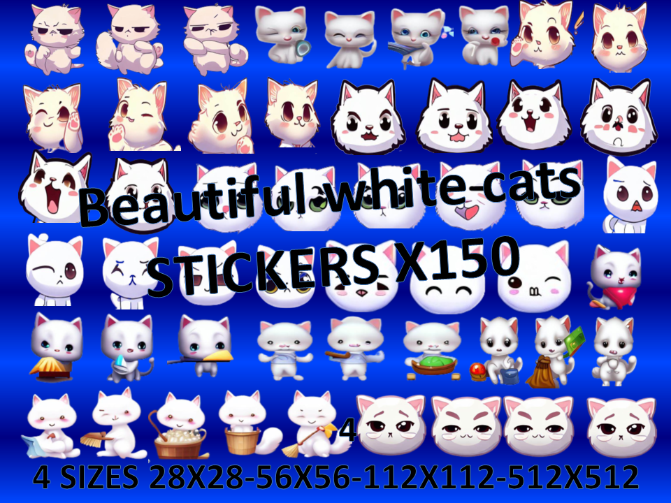 150 STICKERS OF WHITE CATS, IN DIFFERENT SIZES