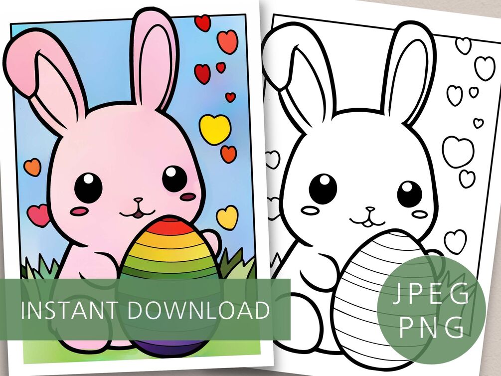4 Easter Coloring Pages / Kawaii Super Cute Bunny and Easter Eggs ...