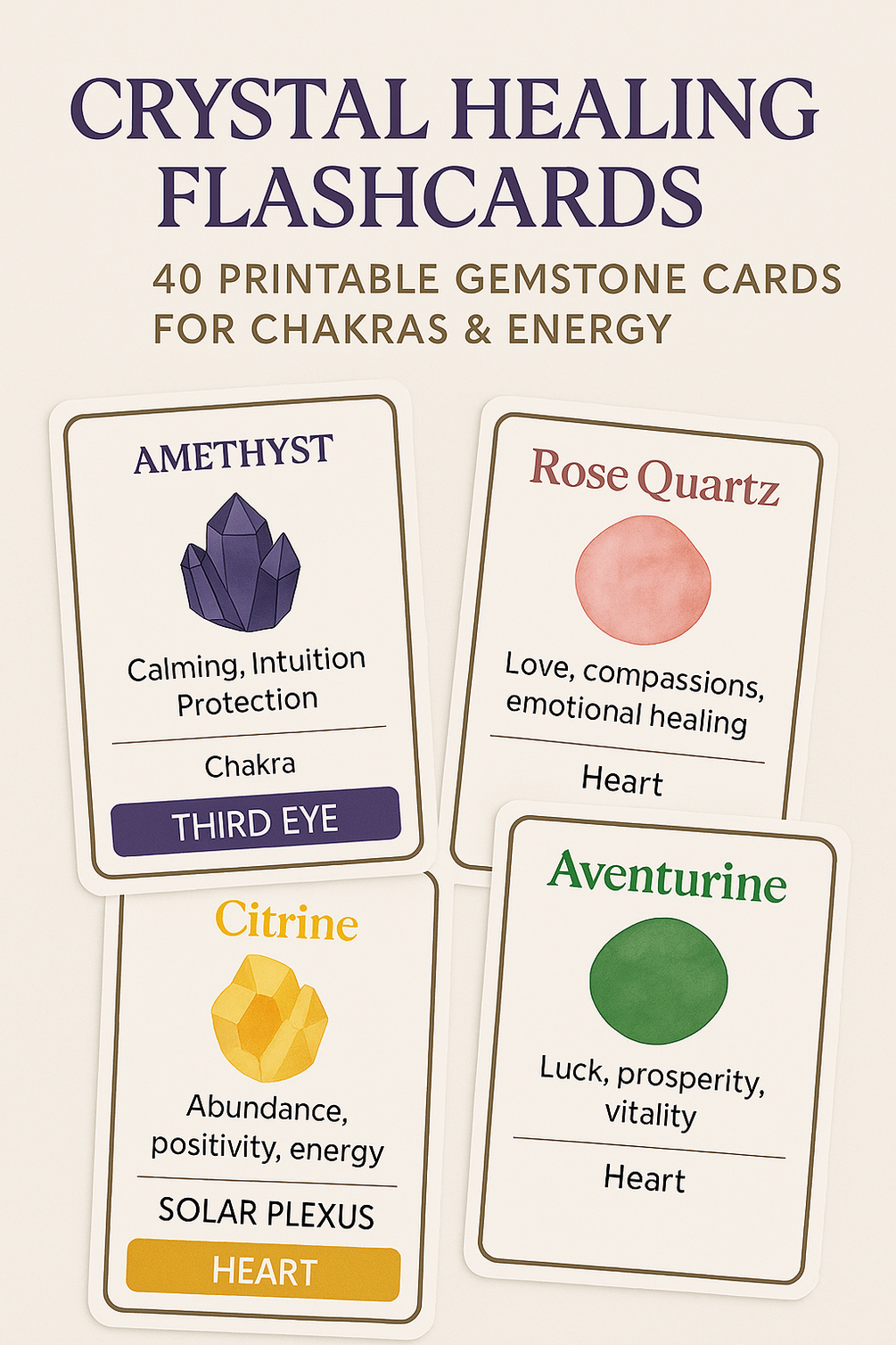 Crystal Healing Flashcards – 40 Printable Gemstone Cards for Chakras ...
