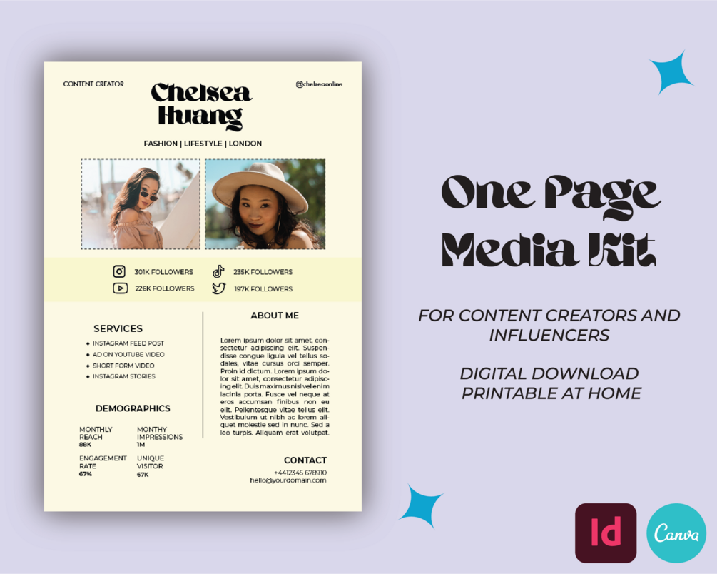 One Page Media Kit for Influencers | Social Media Kit | Branding Kit ...