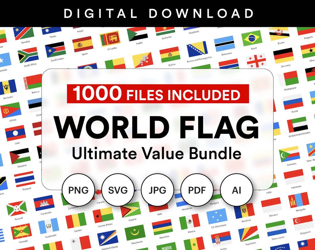 World Flag Ultimate Bundle – 1000 Digital Files | 200 Country Flags in ...