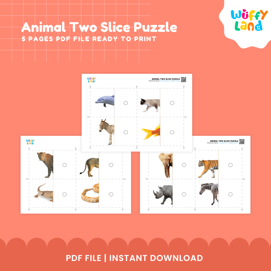 Animal Two-Slice Puzzle - 12 Matching Cards for Kids
