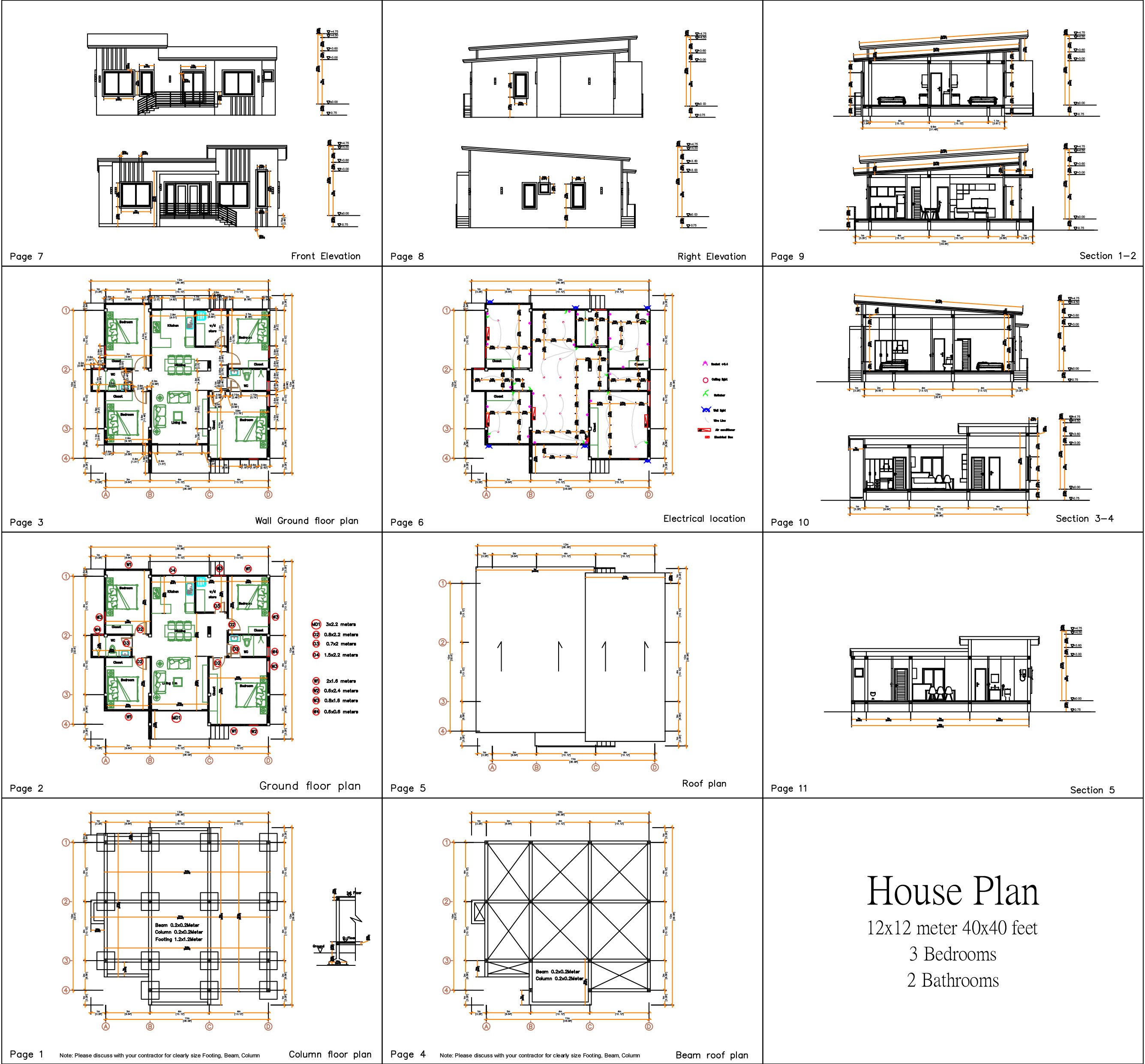 39x39 House plan 12x12 meter 4 Bedrooms Pdf Full Plan Shed Roof