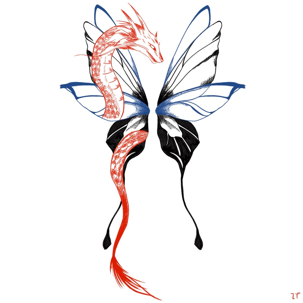 Butterfly & Dragon fine line- Digital Art
