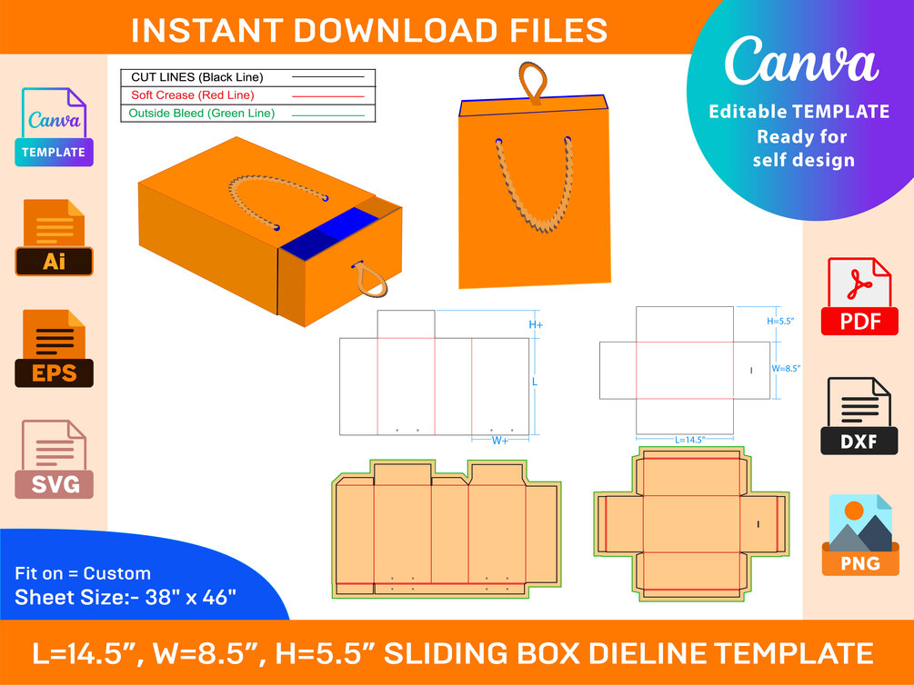 Sliding Shoe Box Dieline Template Extra Large Size