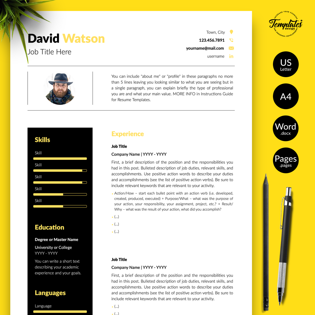 "David Watson" Professional Resume CV Template for Word & Pages / US ...