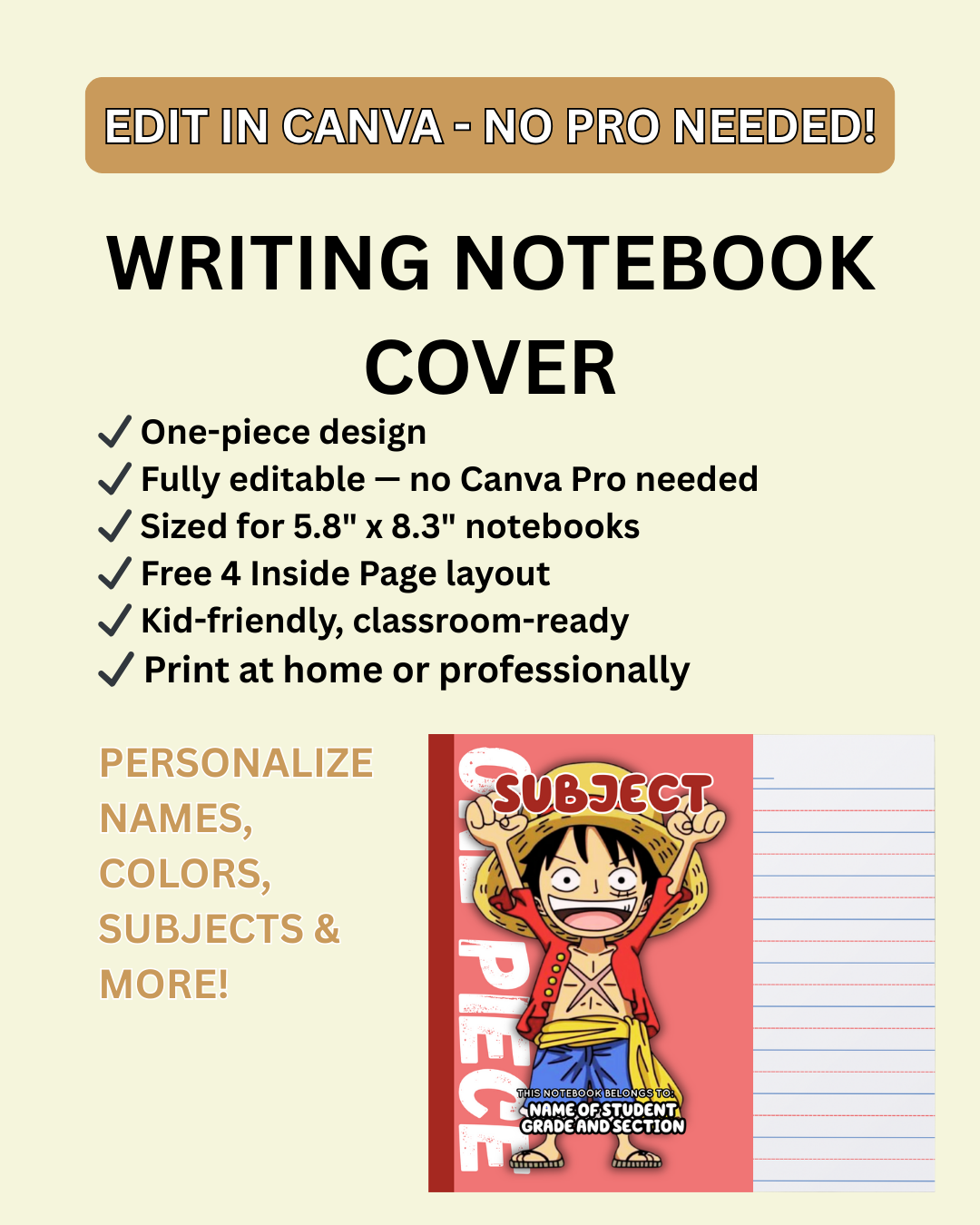 Writing Notebook – One-Piece Cover (Canva Editable)