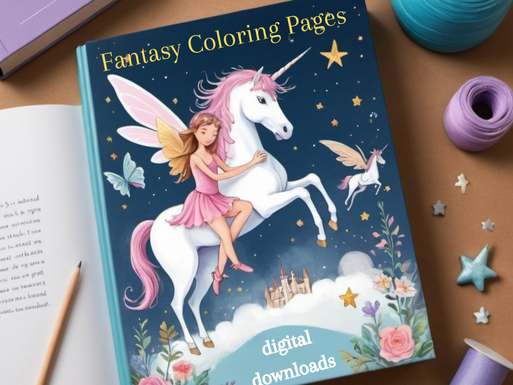 Fantasy Coloring Pages - Unicorn, Fairy and Rainbow - Set of 10 ...