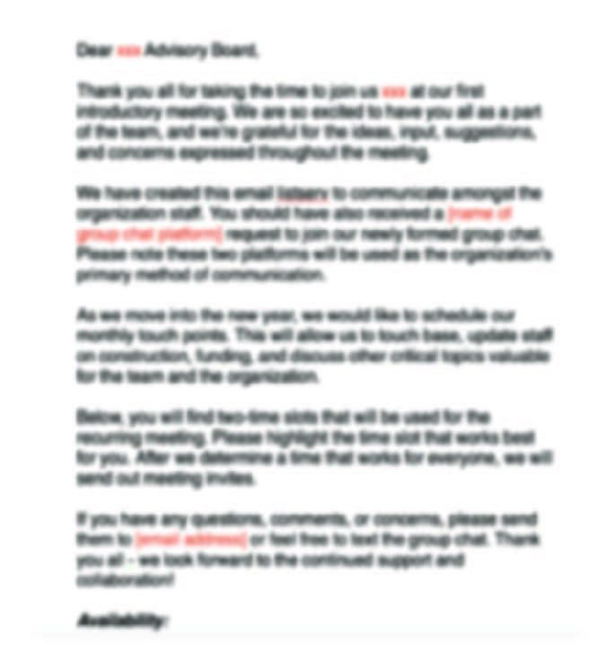 Introductory Advisory Board Meeting: Thank you Email