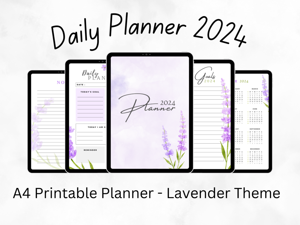 Daily planner 2024 - lavender theme - A4 printable planner - Pdf file