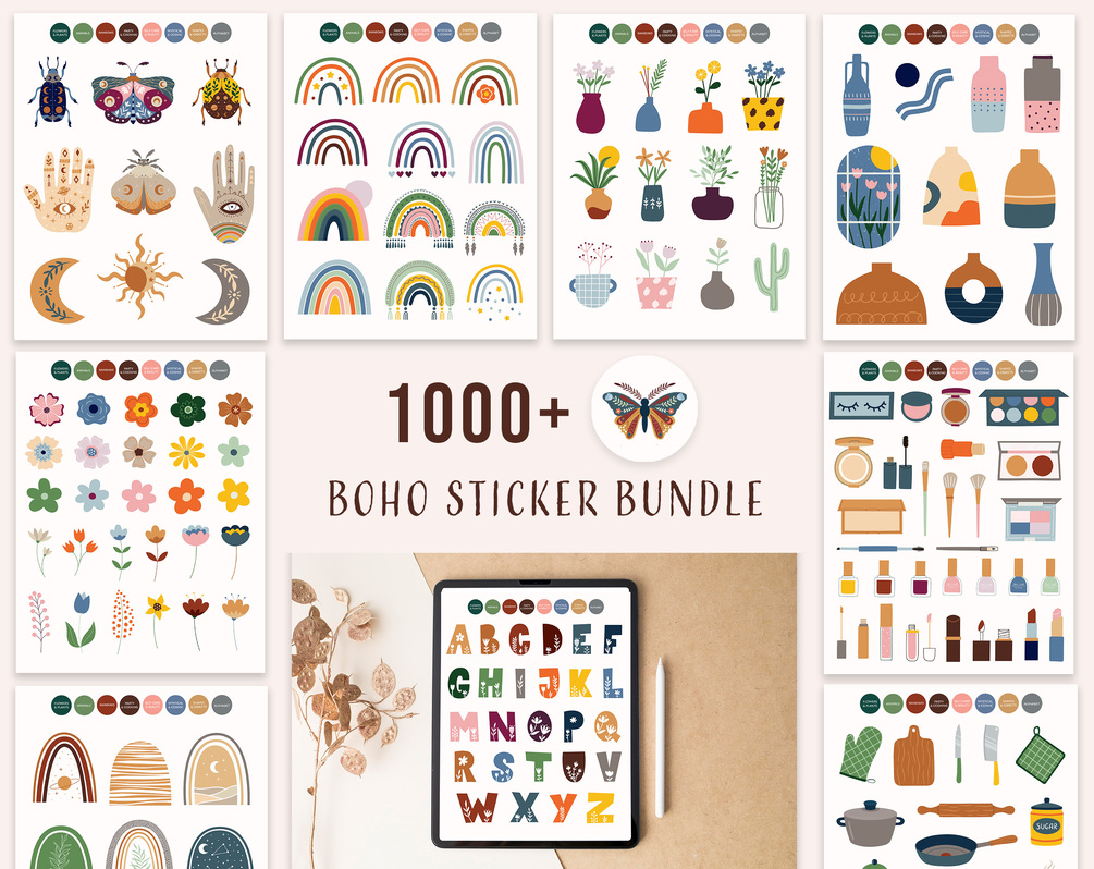 1000+ BOHO Digital Sticker Book Bundle for GoodNotes app (+ transparent ...