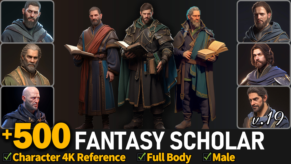 500 Fantasy Male Scholar (Full Body) - Character Reference Image Pack | 4K | v.19