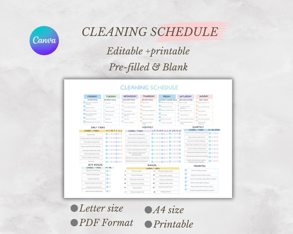 Printable Cleaning Schedule – Weekly & Monthly Cleaning Planner PDF