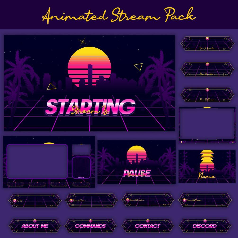 Sunset Synthwave Animated Stream Package Stream Overlay, Animated ...