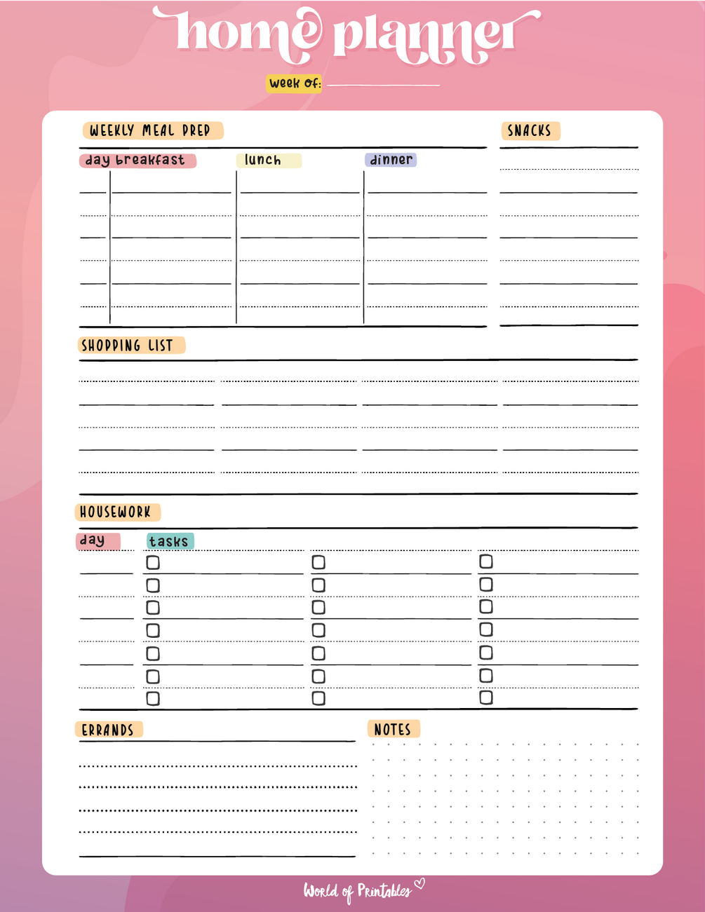 Pink Weekly Home Task Planner