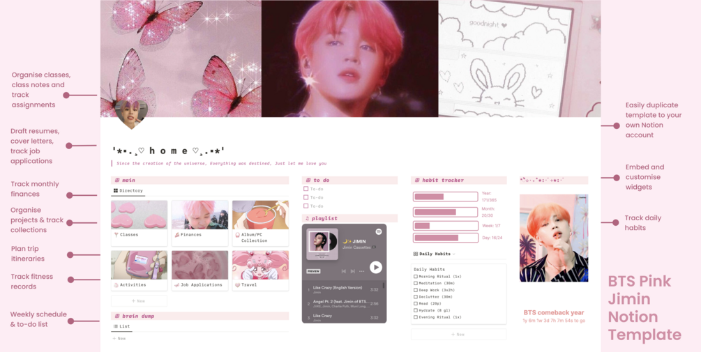 💗 BTS Jimin Pink Notion Template