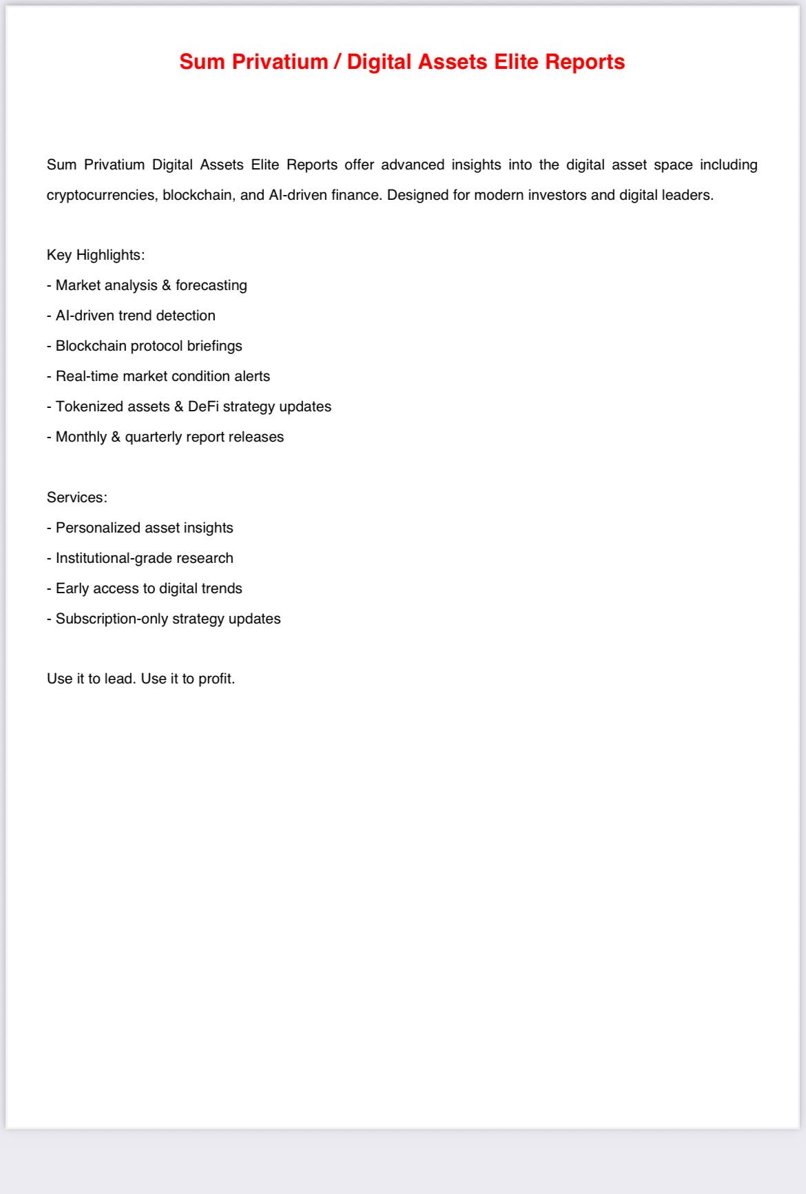 SUM PRIVATIUM/Digital Asset Elite Reports