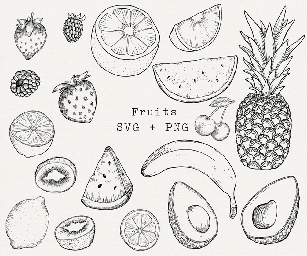 Fruit SVG, Summer Fruit Clipart, Banana, Pineapple, Kiwi, Avocado ...
