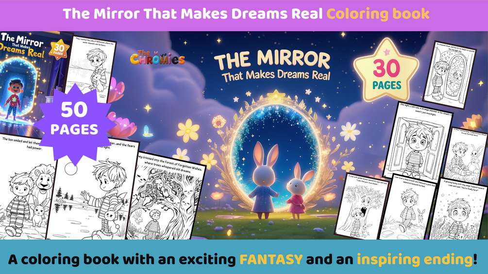 The Mirror That Makes Dreams Real. Coloring book 30 pages Fantasy