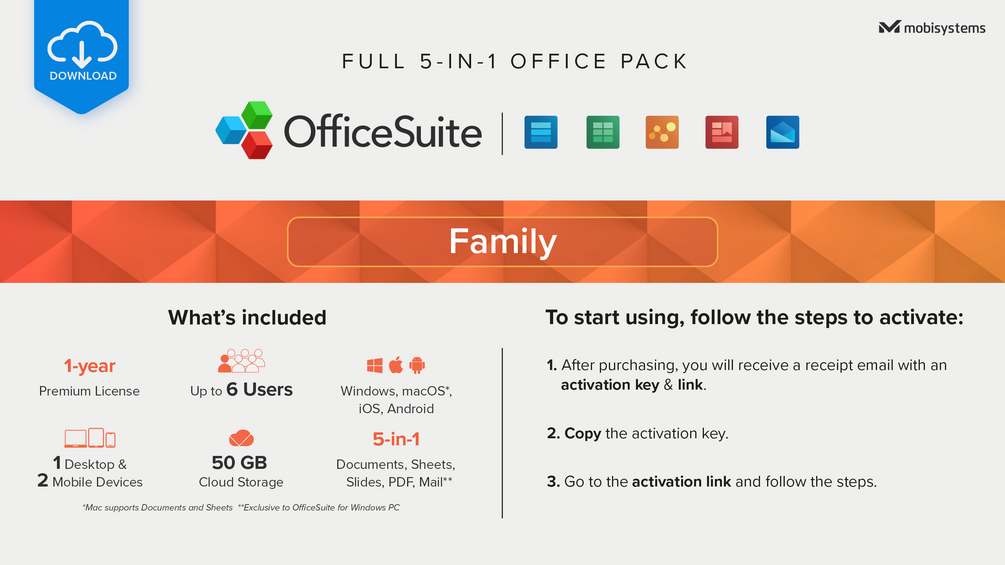 OfficeSuite Family | 5 in 1 Office Pack | Documents, Sheets, Slides, PDF, Mail & Calendar | 1 ...