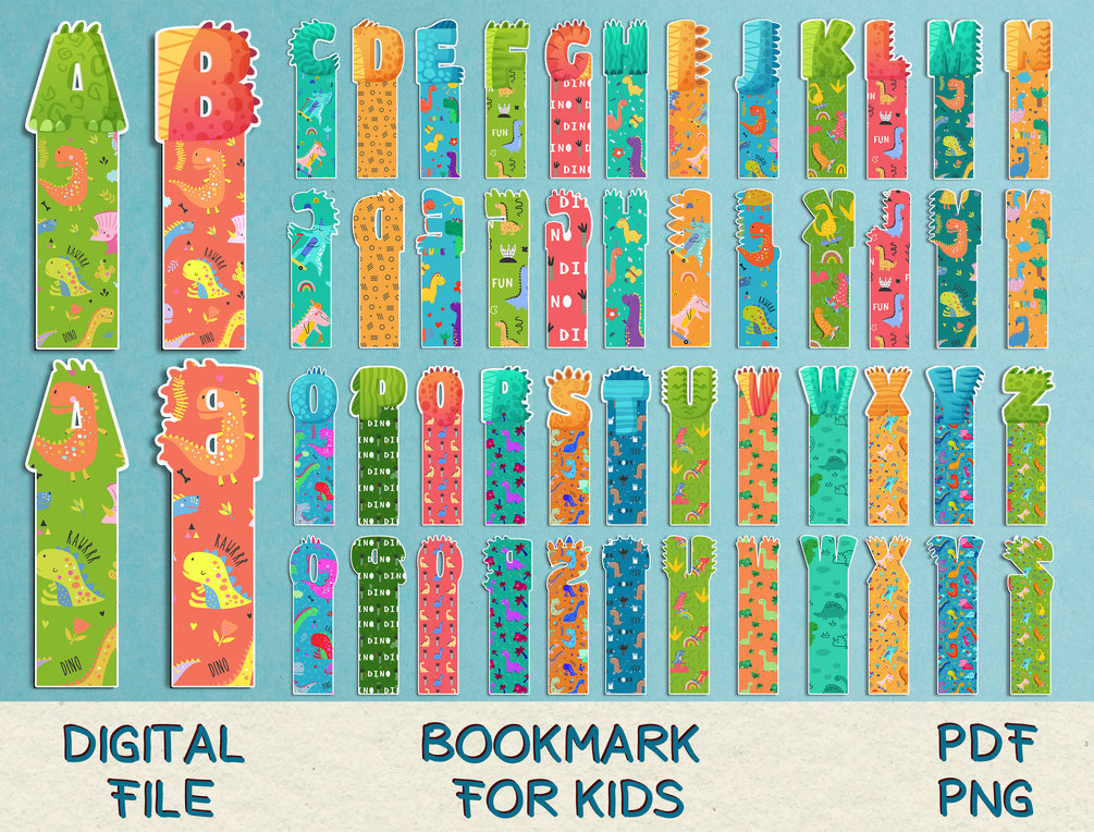 Dinosaur Alphabet, Alphabet Bookmarks PNG Bundle, Name Custom Bookmark ...