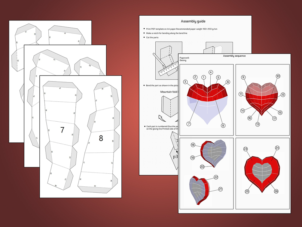 Heart papercraft PDF template DXF cameo