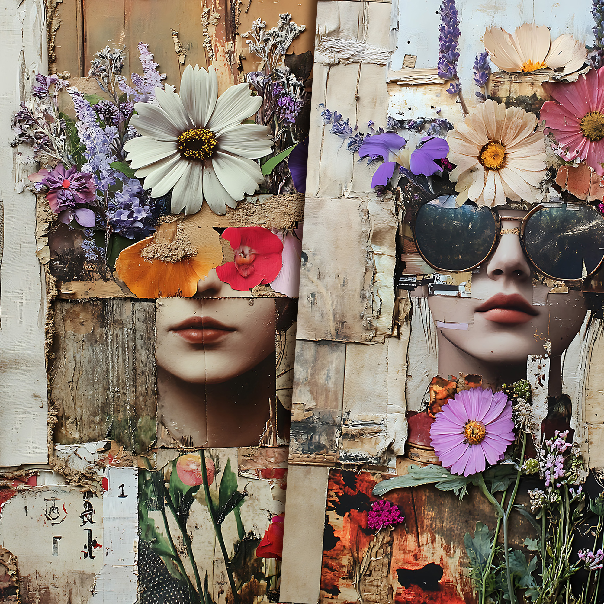20 pc Surreal Grunge Portrait Lady with Flowers Printable Junk Journal ...