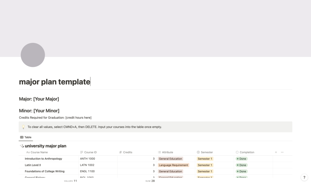 university major plan notion template