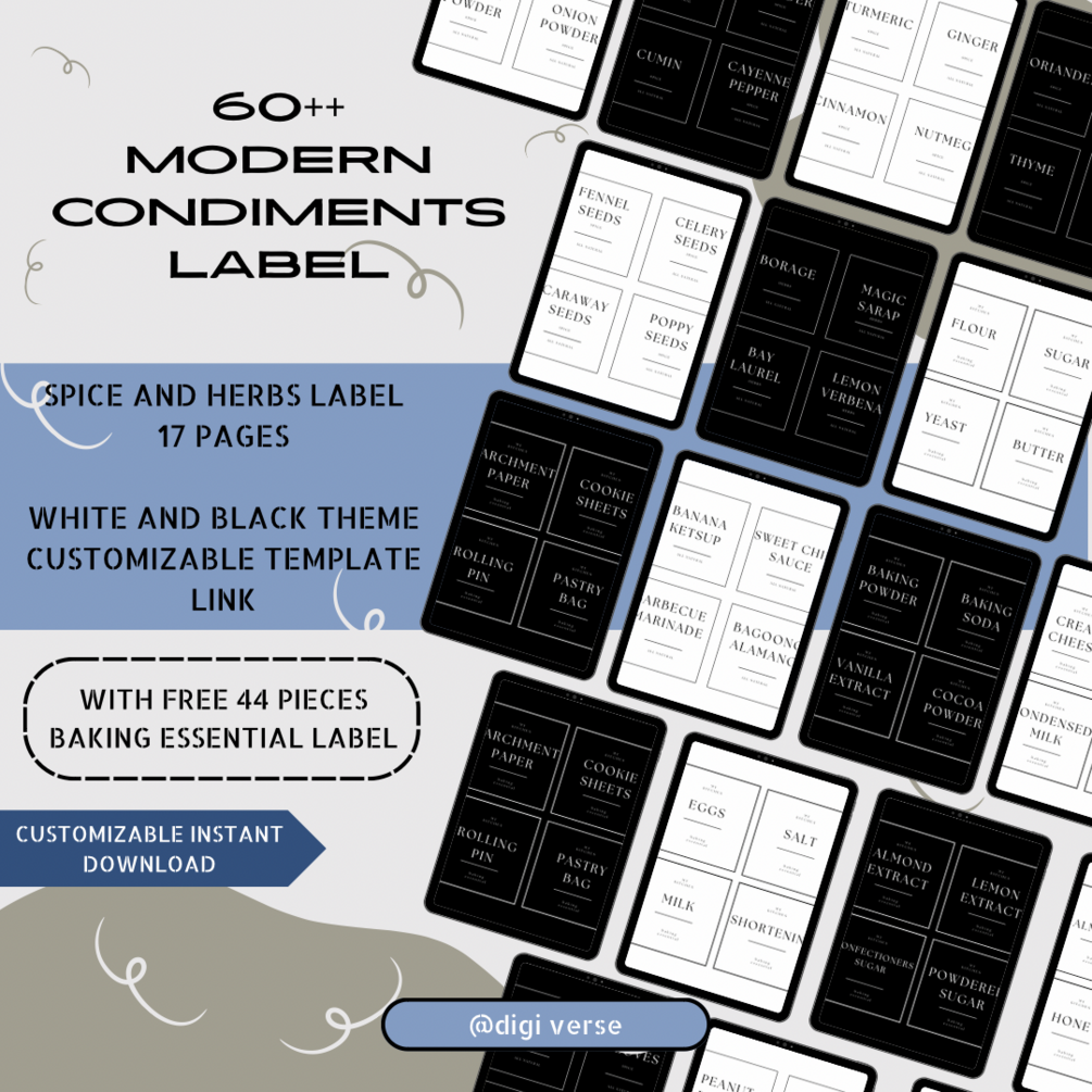 60++ pieces modern white and black themed condiments label template ...