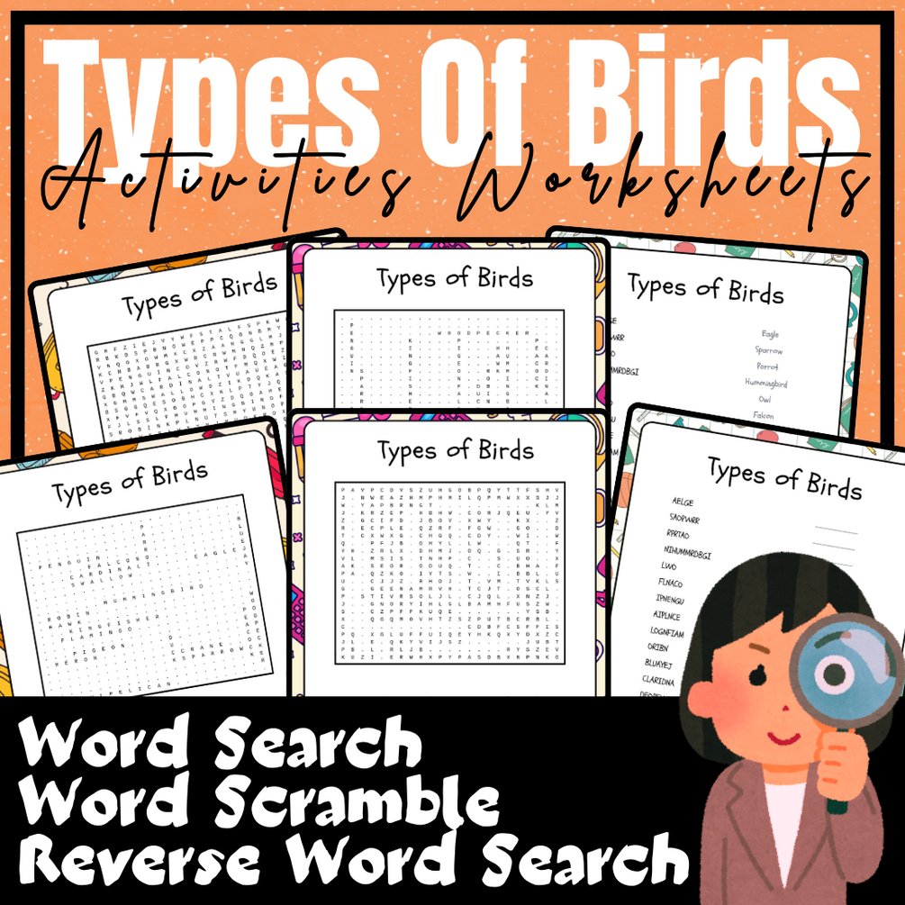 Types Of Birds - Word Search, Scramble & Reverse Search Fun! No Prep ...