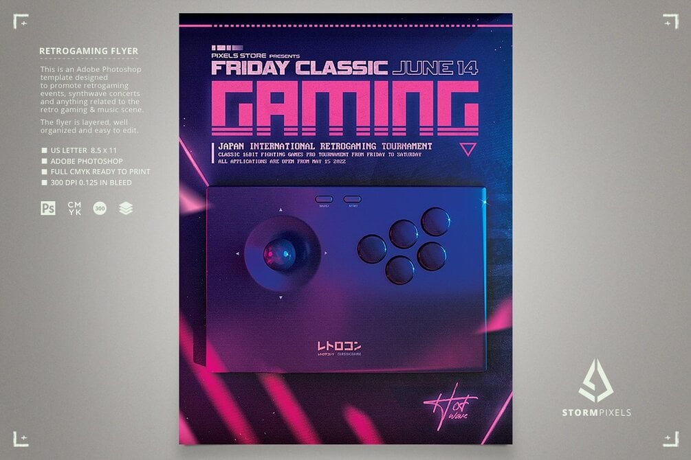 Retro Gaming Flyer 80s Arcade Stick Vaporwave Template