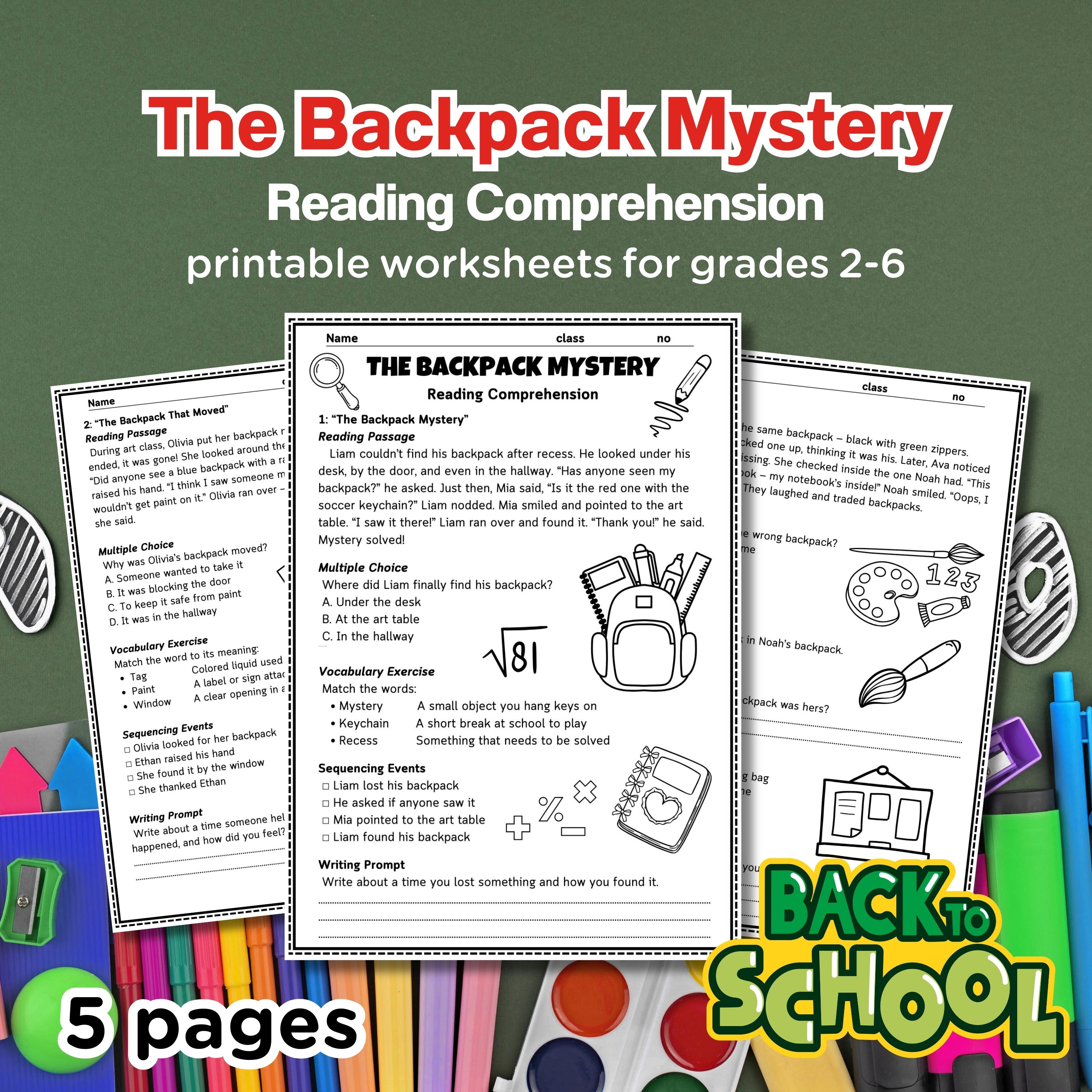 The Backpack Mystery Reading Comprehension Worksheets for Grades 2–6 ...