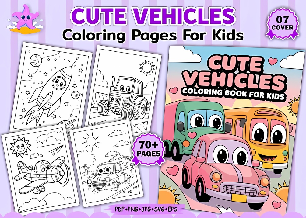 Cute Vehicles Coloring Book for Kids