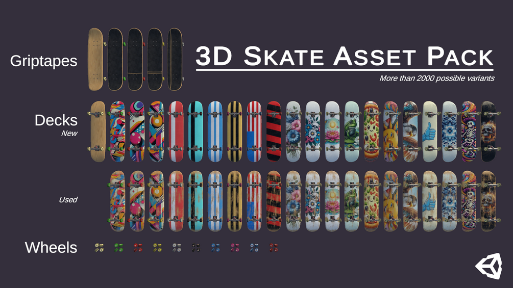 3D Skate Asset Pack for Unity HDRP/URP/BuiltIn +2000 Combinations