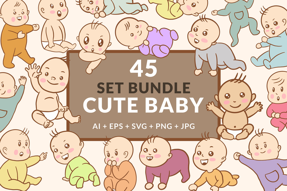45 Set Bundle Cute Baby Babies Boy Toddler, Newborn, Child Cartoon Clipart
