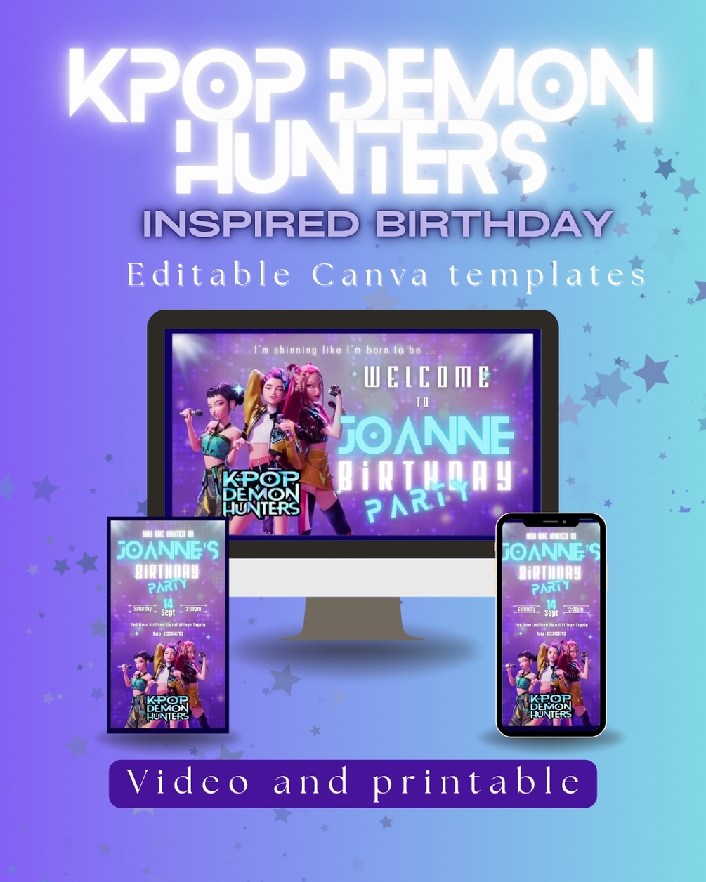 Purple K-pop Demon hunters Inspired birthday Editable Canva templates