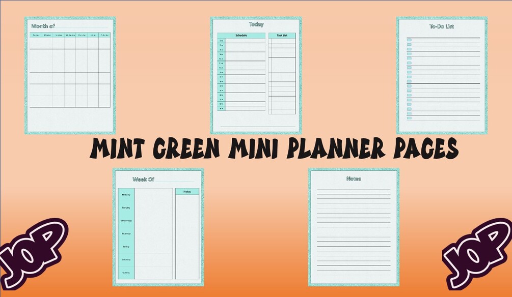 Mint Green MINI PLANNER PAGES In US Letter Size (8.5 in by 11 in)